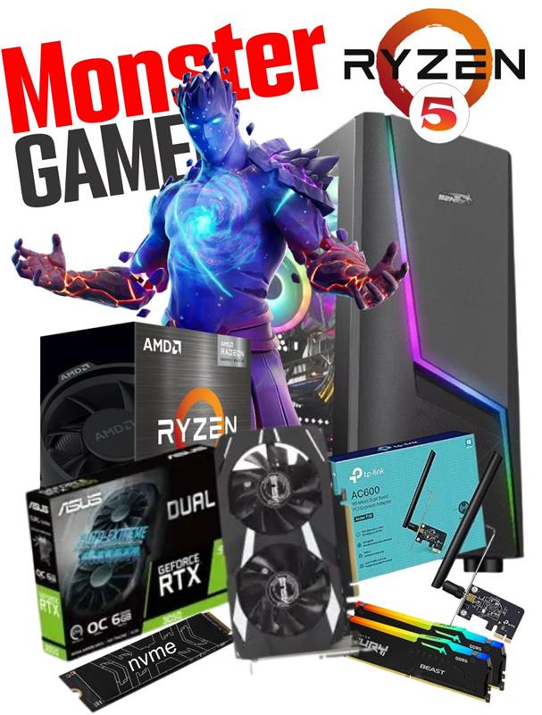 PC AMD MONSTER GAMER R5 8500G 16GB RGB 1TB NV A620 RX7600XT WIFI